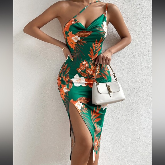 Dresses | Boho Tropical Print One Shoulder Cowl Neck Bodycon Fitted ...